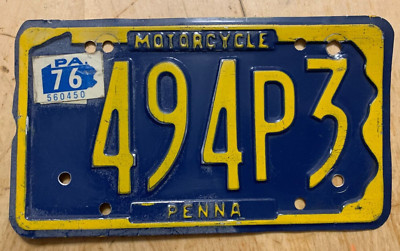 1976 PENNSYLVANIA MOTORCYCLE CYCLE LICENSE PLATE " 494 P 3 " PA 76 ...