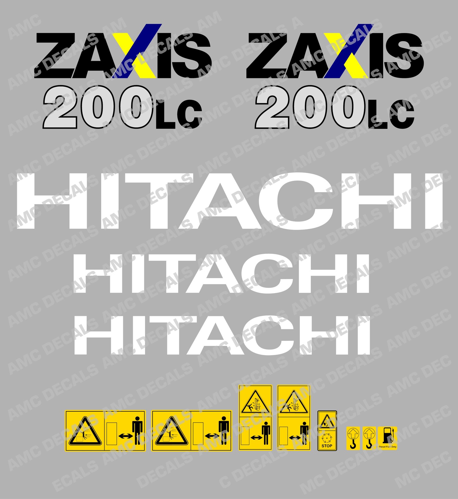 HITACHI ZAXIS 200LC DIGGER DECAL STICKER SET WITH SAFETY WARNING SIGNS ...
