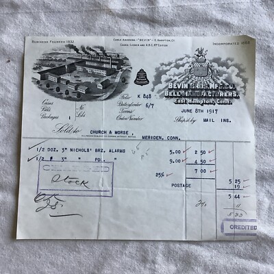 1917 BEVIN BROS CO MFG East Hampton CT vintage invoice billhead ...