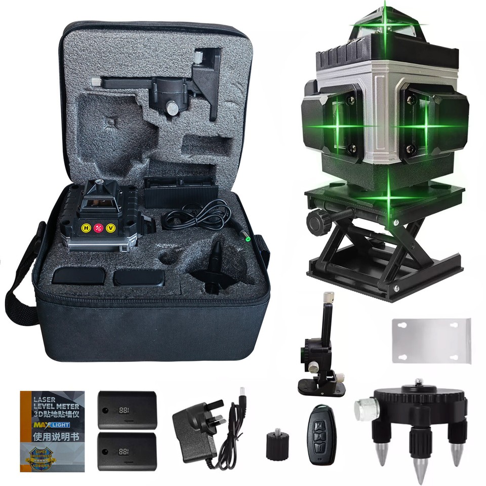 16 Line Laser Level Green Self Leveling 4D Cross Measure Tool Kit + 2 ...