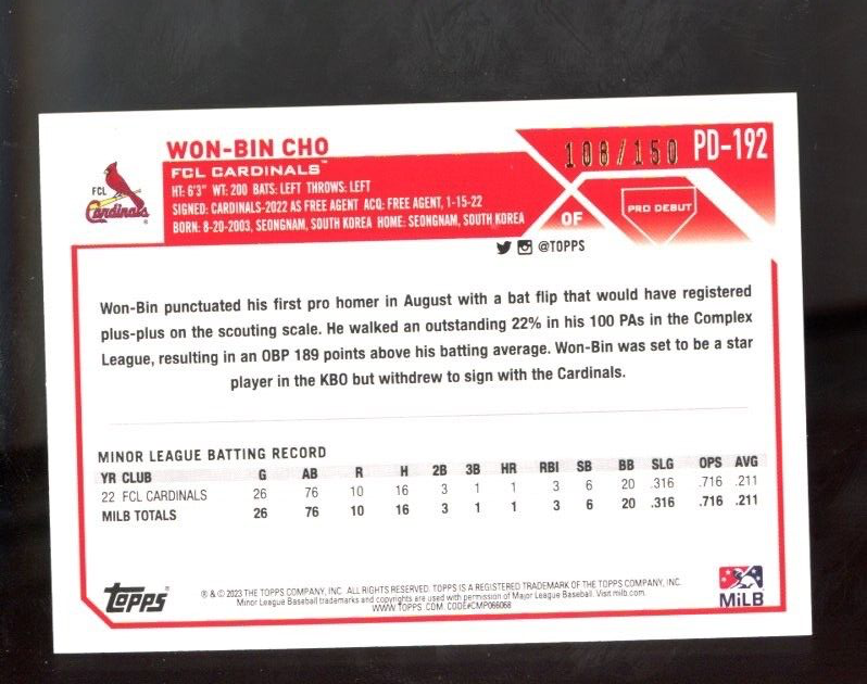 2023 Topps Pro Debut Won-Bin Cho Blue Foil /150 Cardinals | eBay