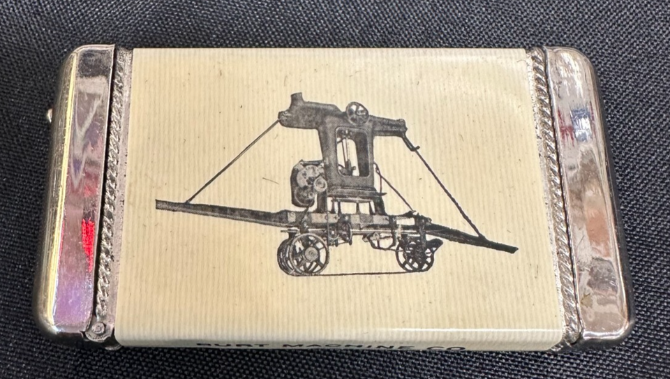 VINTAGE CELLULOID ADVERTISING MATCH SAFE BURT MACHINE CO. PICTURE OF ...