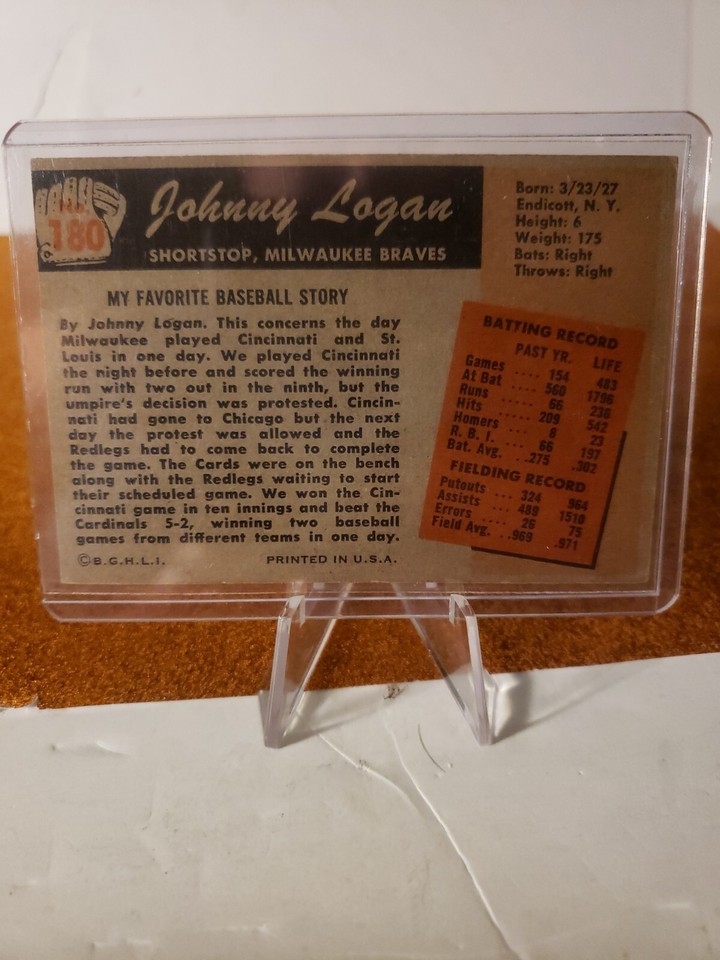 1955 Bowman Baseball Card # 180 Johnny Logan - Milwaukee Braves | eBay