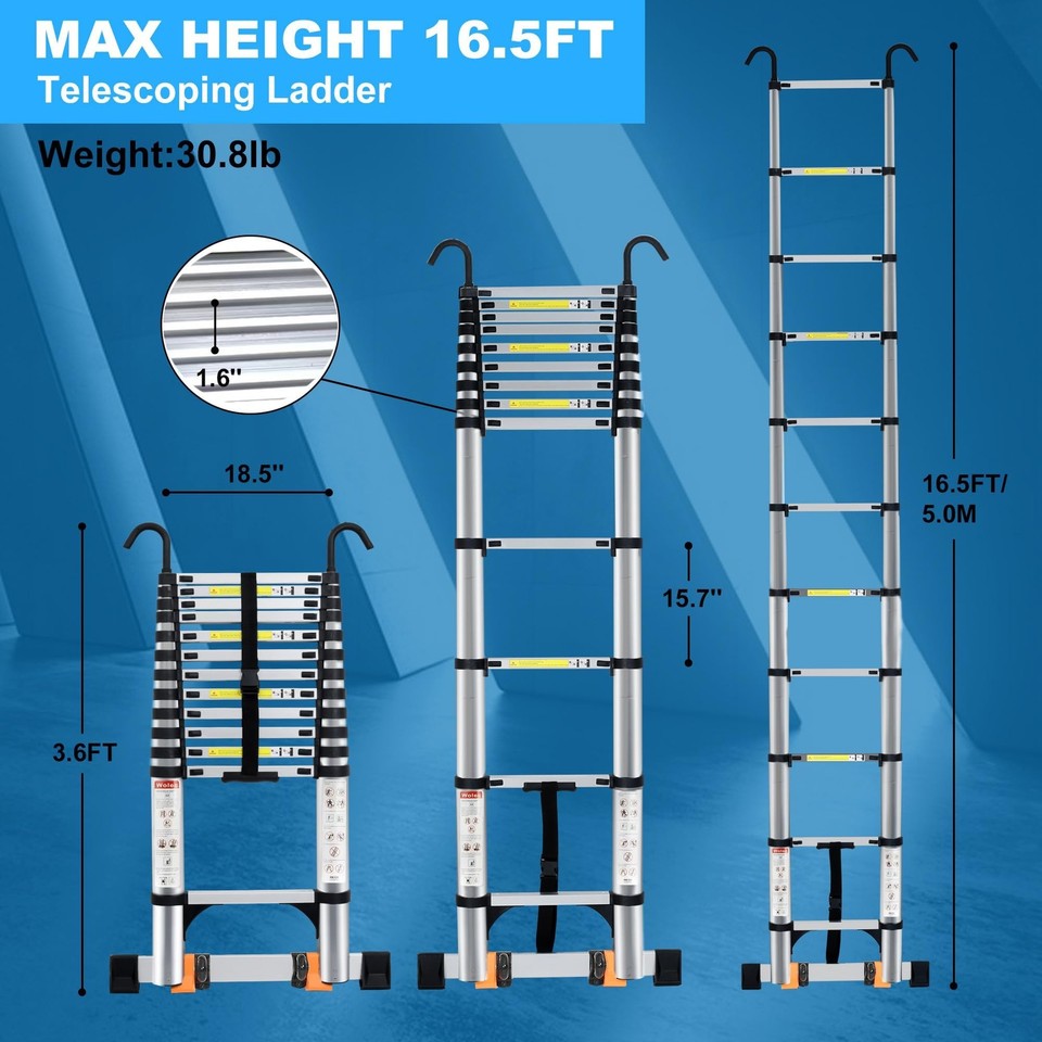 16.5 FT Telescoping Ladder with Hooks, Adjustable Multi-Purpose ...