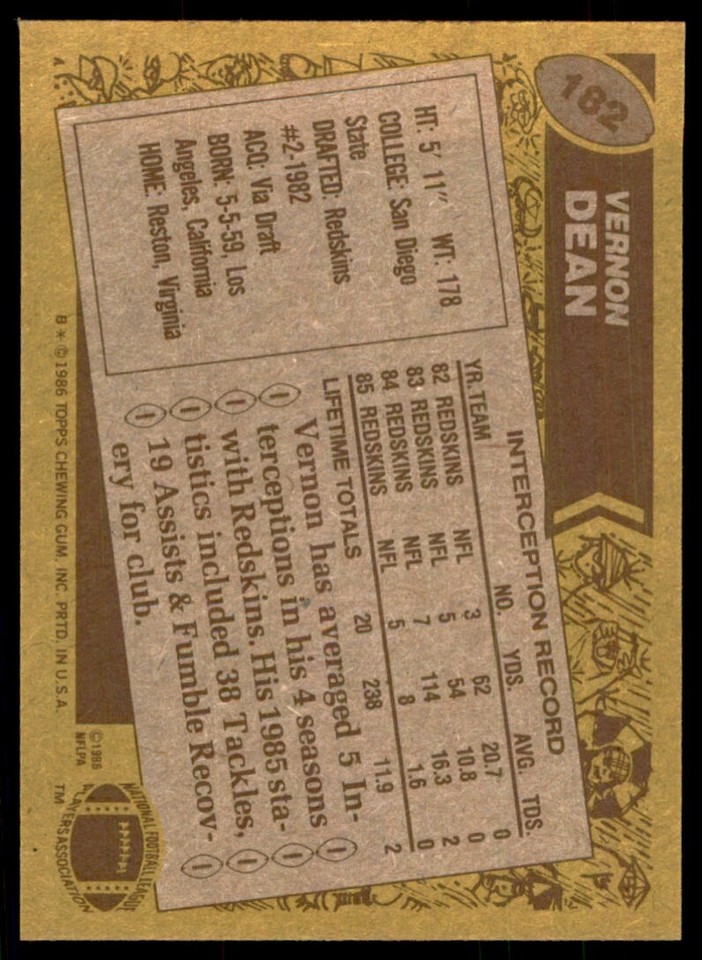 1986 TOPPS VERNON DEAN* WASHINGTON REDSKINS #182 | eBay