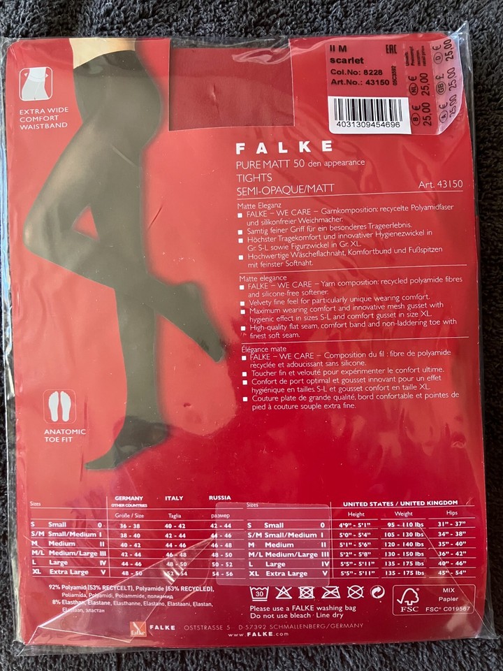 Fabulous Falke PURE MATT 50 Tights SCARLET RED 50 denier Medium | eBay