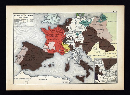 1873 Labberton Map Western Europe 1550 AD - Habsburg Hohenzollern Savoy ...