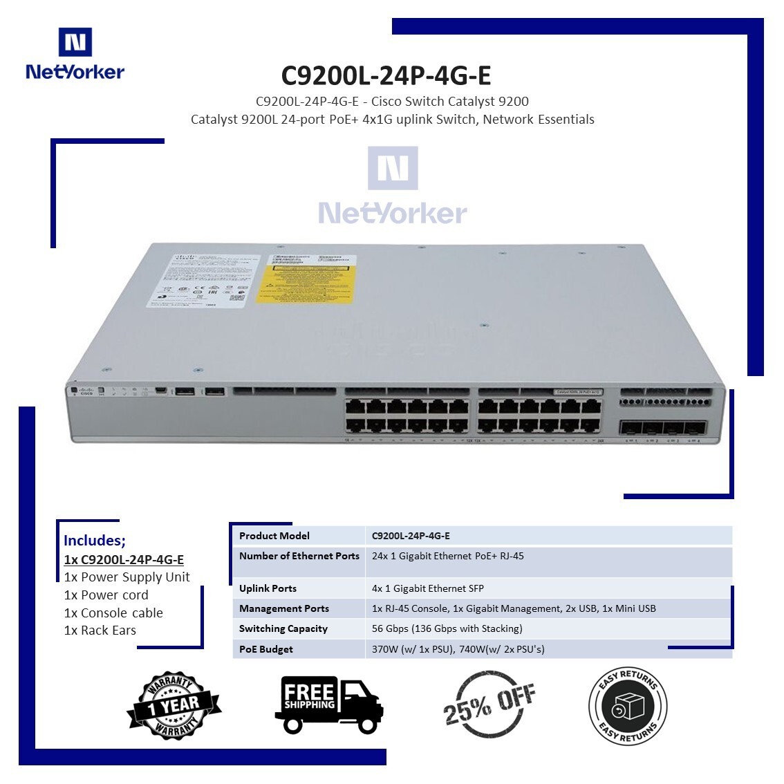 Cisco C9200L-24P-4G-E Catalyst 9200L 24x 1GB PoE+ RJ-45 4x 1GB SFP ...