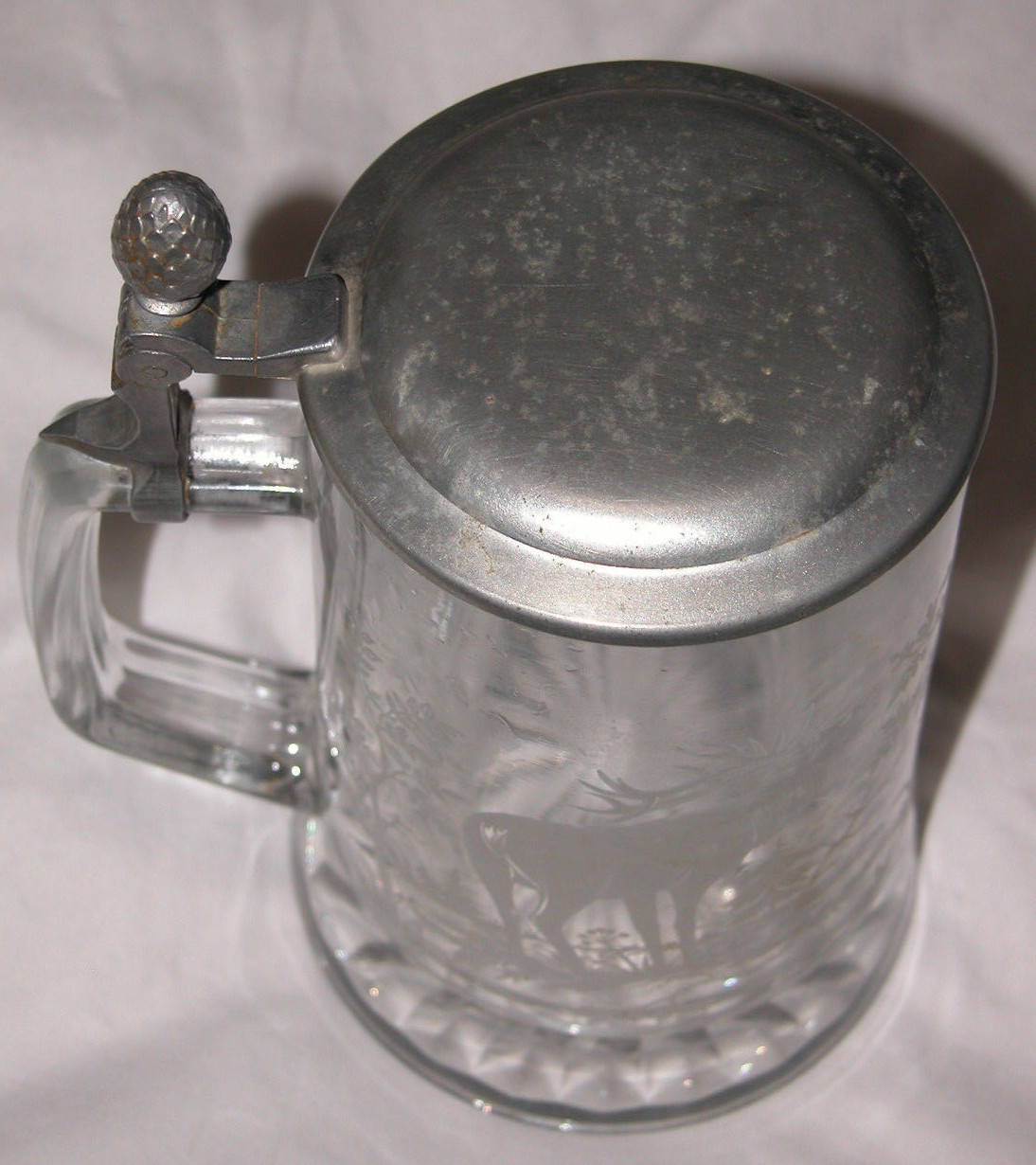 Vintage Etched Crystal Stein Italy, Etched Stags, 95% Zinn Pewter Lid ...