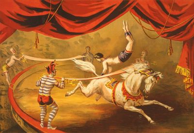 Victorian circus BANNER ACT. White horse, acrobat, clowns. Vintage art ...