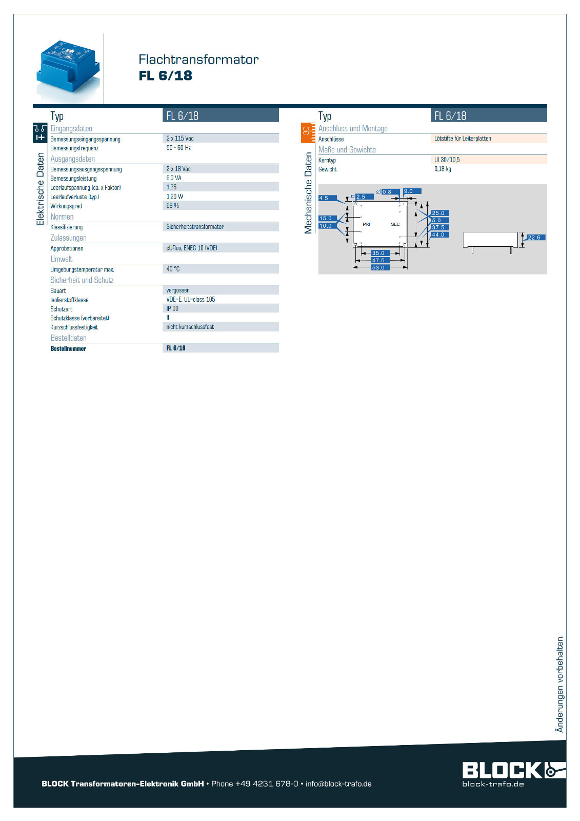 BLOCK FL 618 Flachtrafo 6VA 2x18V Trafo 2x115V