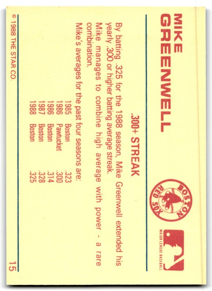 1988 Star Mike Greenwell Baseball Cards #15 | eBay