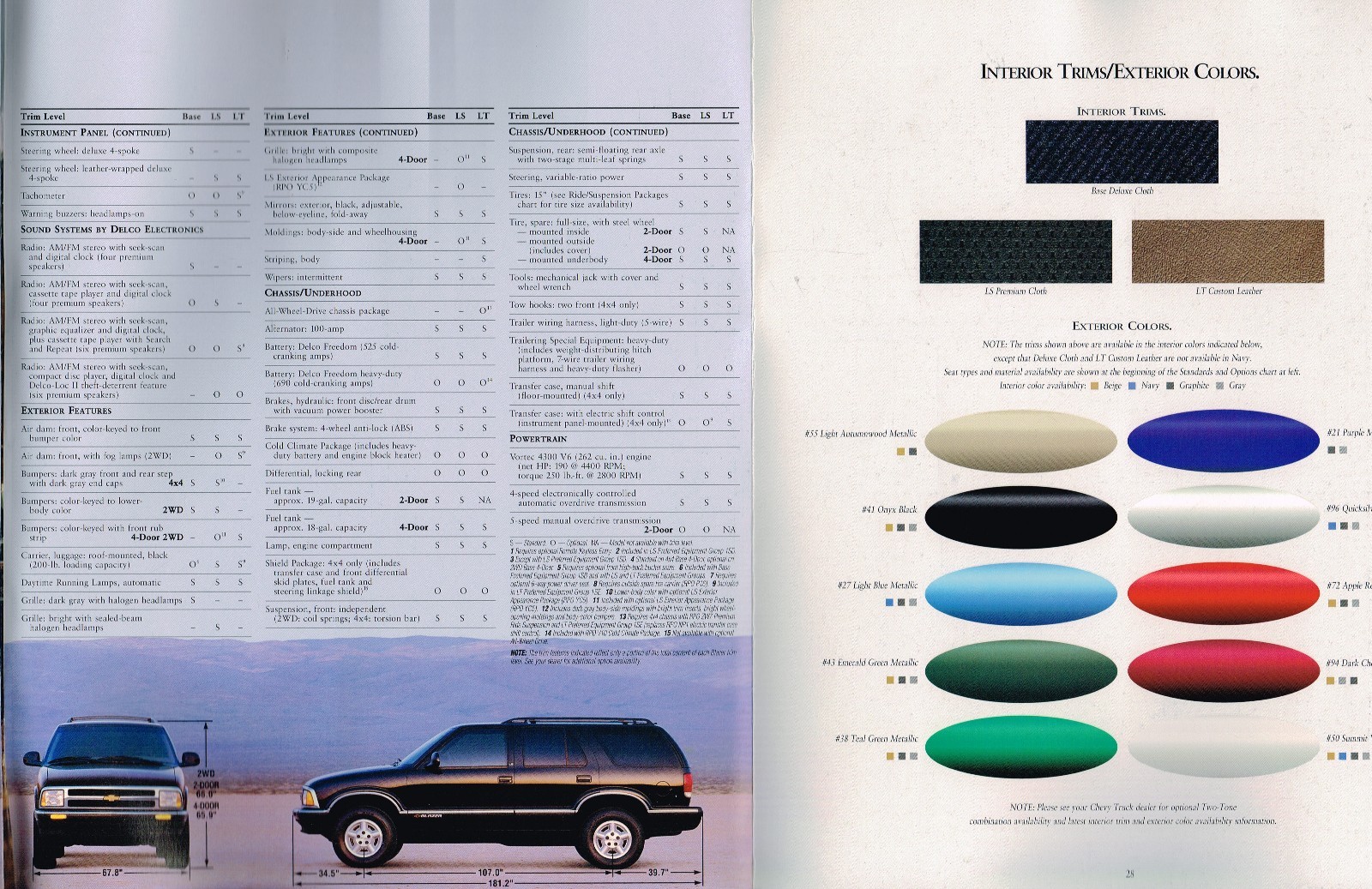 1996 Chevy BLAZER Brochure / Catalog with Color Chart: LS,LT,4WD,4x4 ...
