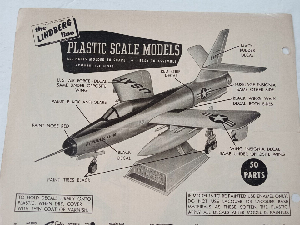 1958 LINDBERG REPUBLIC XF-91 THUNDERCEPTOR Model Kit 513-98 Instruction ...