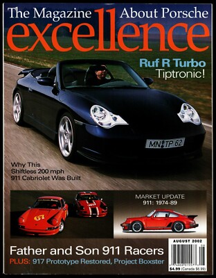 AUG 2002 PORSCHE EXCELLENCE MAGAZINE, RUF R TURBO, 911 CABRIOLET, 917 ...
