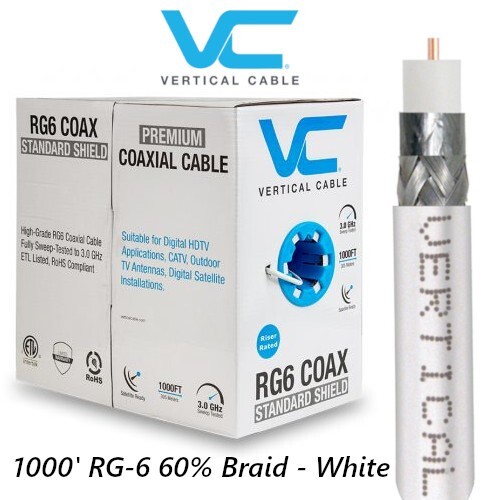1000' RG-6 Coax Coaxial Cable Wire 60% Braid White Pull Box | eBay