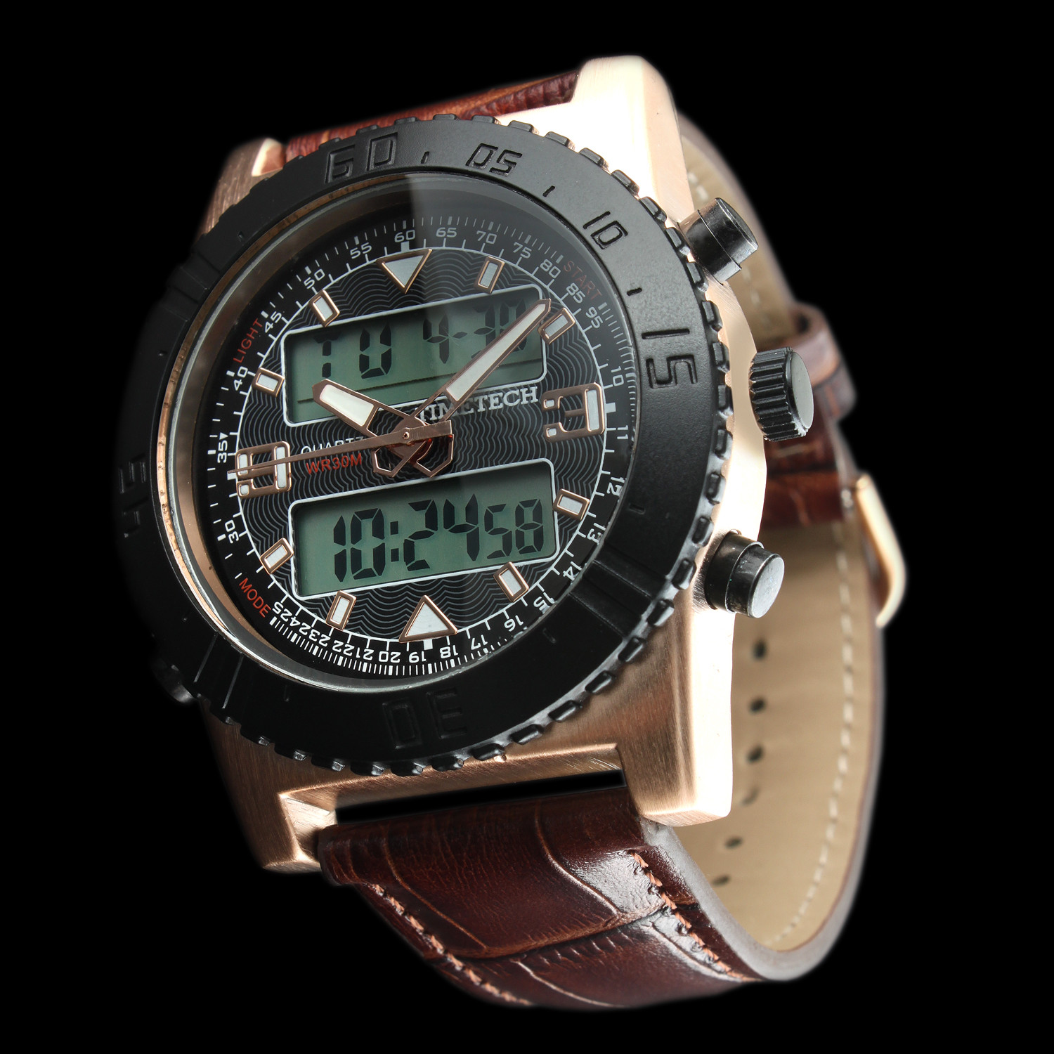 Men's Analog Digital Brown Leather Tachymeter Wrist Watch By Timetech ...
