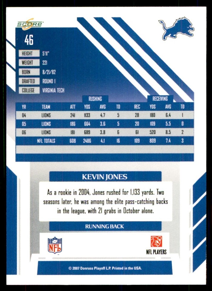2007 SCORE KEVIN JONES DETROIT LIONS #46 | eBay