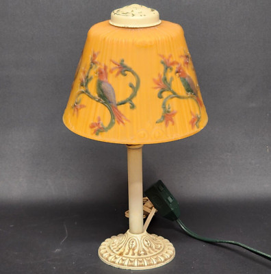 Moe Bridges Lamp Cast Iron Reverse Painted Glass Parrot Bell Shade ...