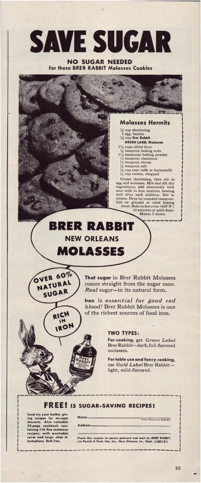 Print Ad Brer Rabbit Molasses 1945 WW2 Sugar Ration Half-Page Magazine ...