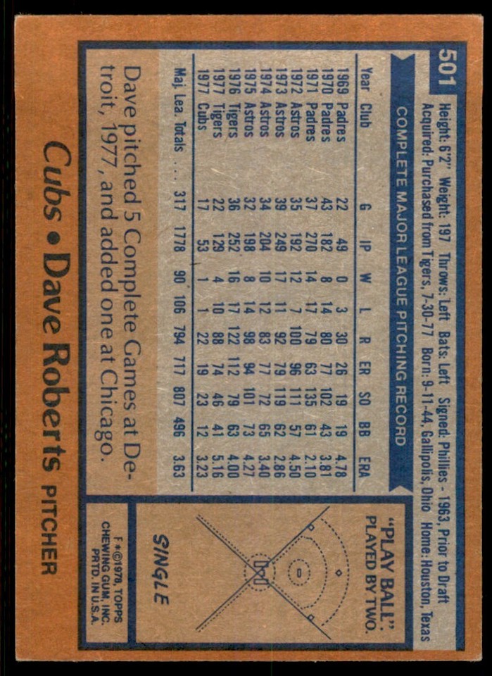 1978 TOPPS DAVE ROBERTS CHICAGO CUBS #501 (101) | eBay