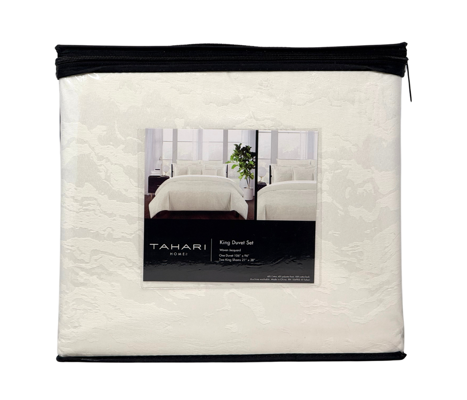 TAHARI KING Designer Cream Woven Jacquard Luxury Duvet Cover & 2 Shams ...