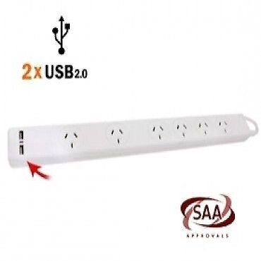 CABAC 6 Way Powerboard with 2 USB Ports PB6USB2 Surge Protected 1M Cord ...