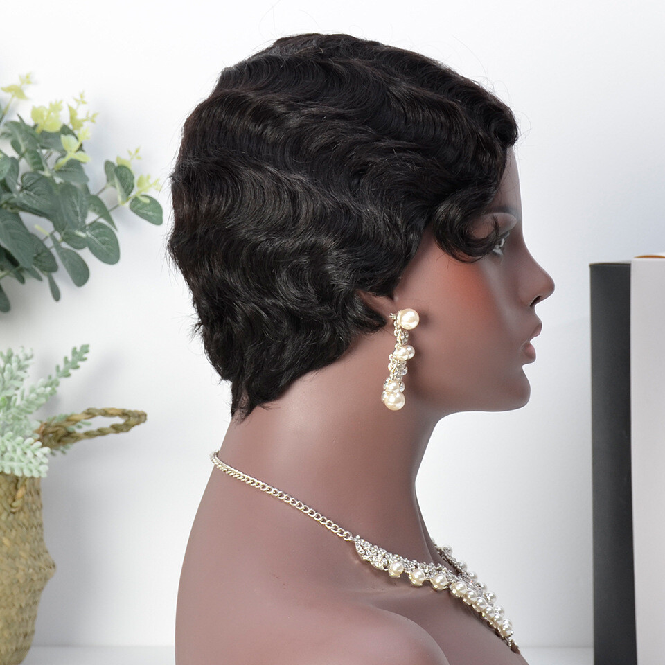 Finger Wave Brazilian Short Pixie Cut Real Remy Human Hair Wig Full ...