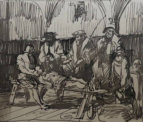 Vintage Original Drawing Man Dying on a Bed, People | eBay