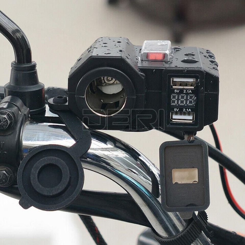 Motorcycle Handlebar Dual USB Charger Power Ports Phone GPS Voltmeter ...