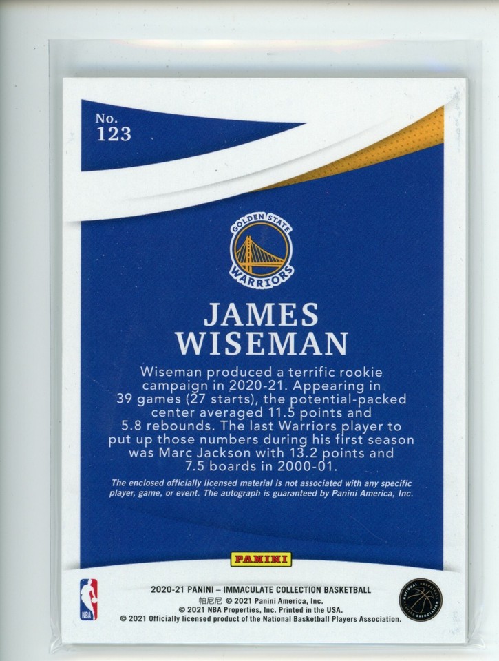 2020-21 Immaculate JAMES WISEMAN #123 Rookie RC Patch Auto /99 RPA | eBay