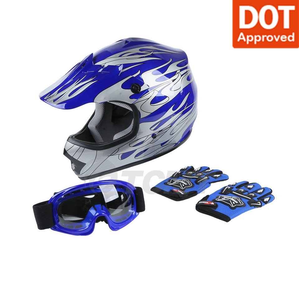DOT Youth Blue Flame Dirt Bike ATV MX Motocross Helmet Goggles+gloves S ...