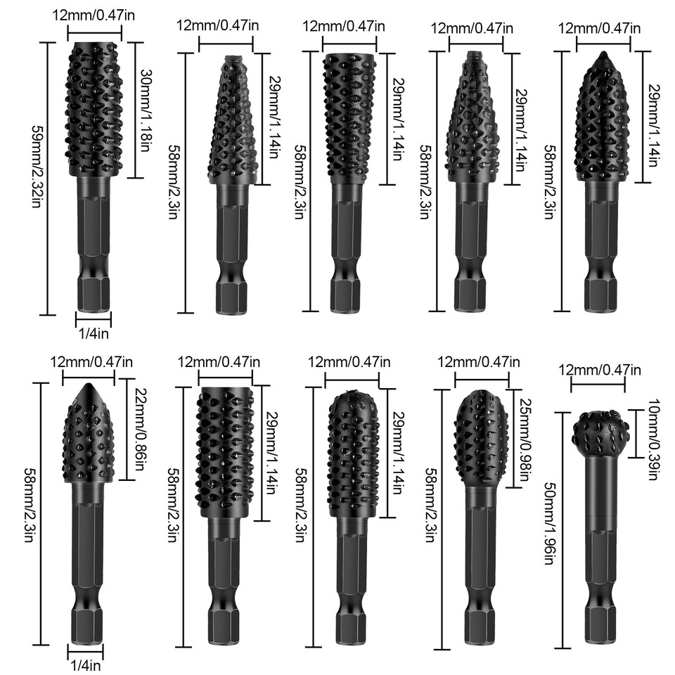 10Pcs 1/4in Shank Rotary Burr Rasp Set Carbon Steel Wood Carving File ...