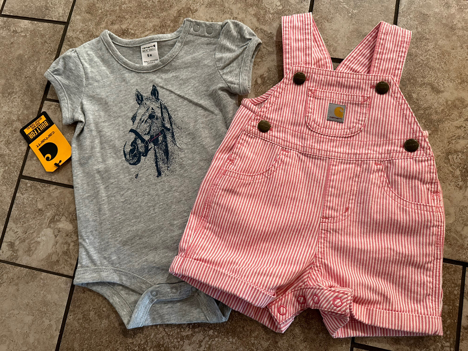 NWT Girls 6 Month CARHARTT Railroad Stripe Pink White Short Overalls ...