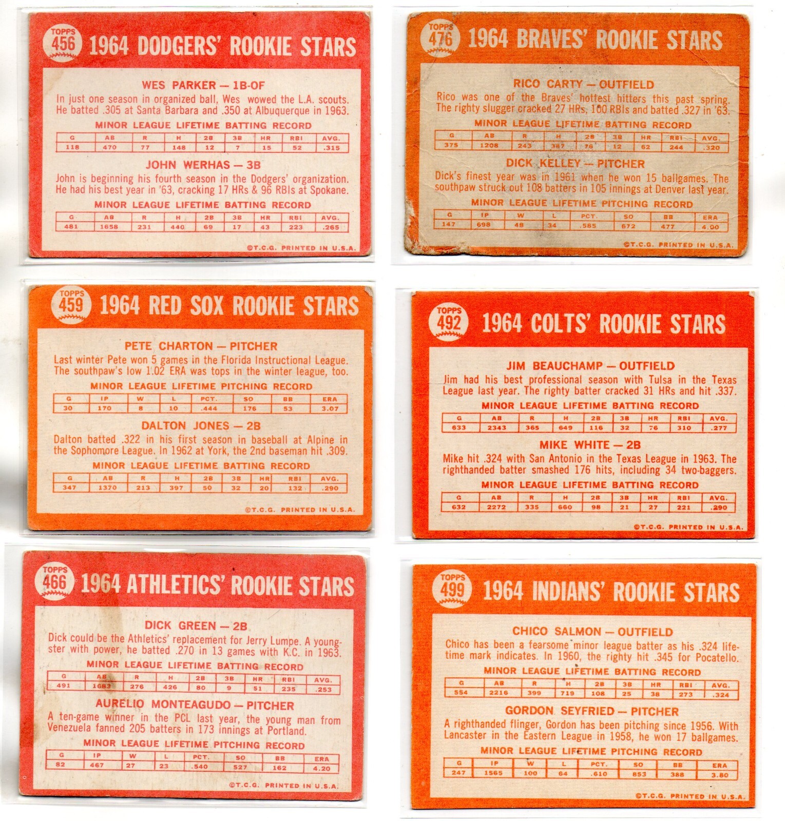 1964 Topps Rookie Stars 6 Card Lot VG-VGEX 499 492 476 466 459 456 ...