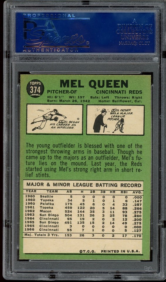 1967 Topps Baseball #374 Mel Queen Complete Line Under Stats PSA 8 | eBay