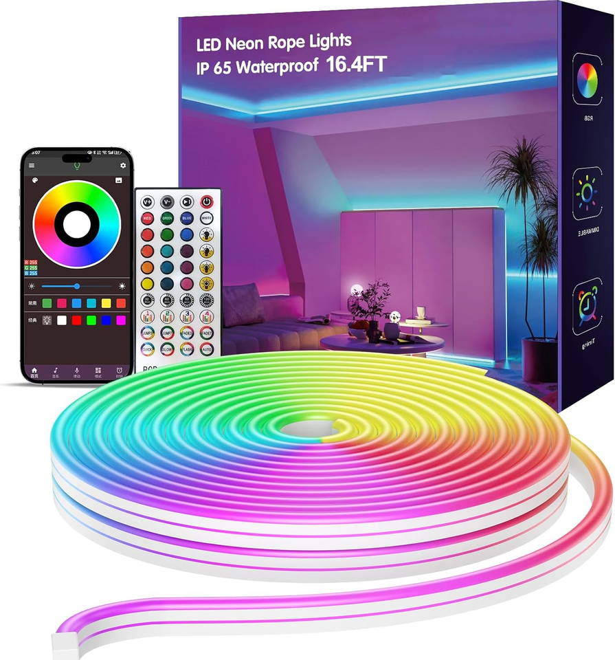 16.4 FT Neon Rope Lights,Bedroom for RGB LED Strip Lights,Outdoor IP65 ...