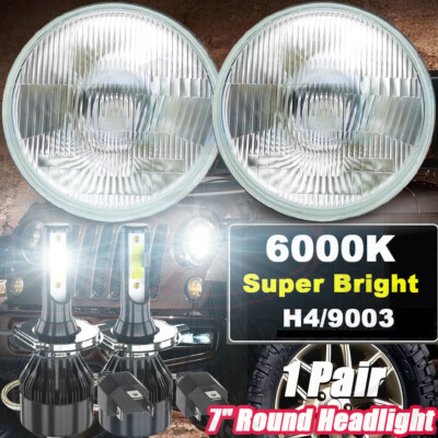 1 PAIR H6024 7" Round Glass Headlight Housing +H4 LED Conversion Hi/Lo ...