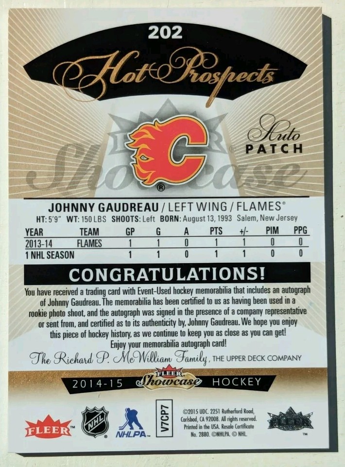 2014-15 Fleer Showcase Hot Prospects Rookie Auto 4 Color Patch Johnny ...