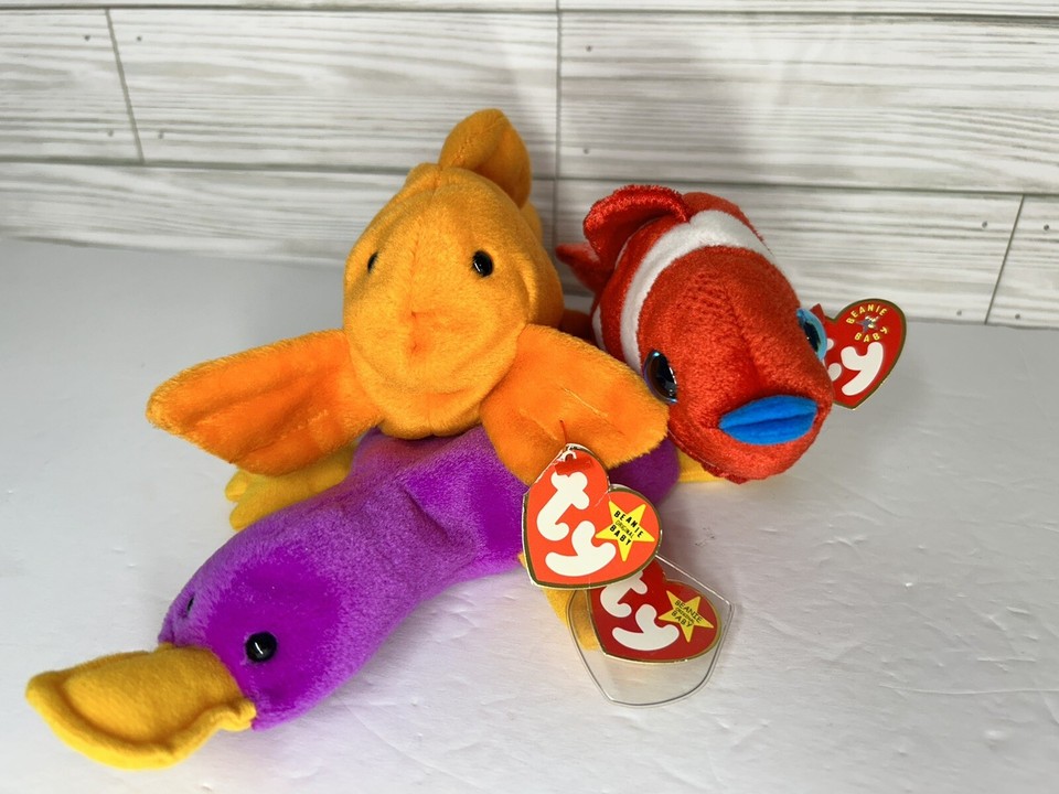 Ty Beanie Babies Lot Goldie Goldfish, Jester Clownfish, Patti Platypus ...