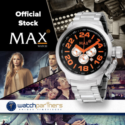 MAX WATCH THE CLASSIC CHRONO 5ATM BLACK/ORANGE DIAL S/S BRACELET 47MM 5 ...