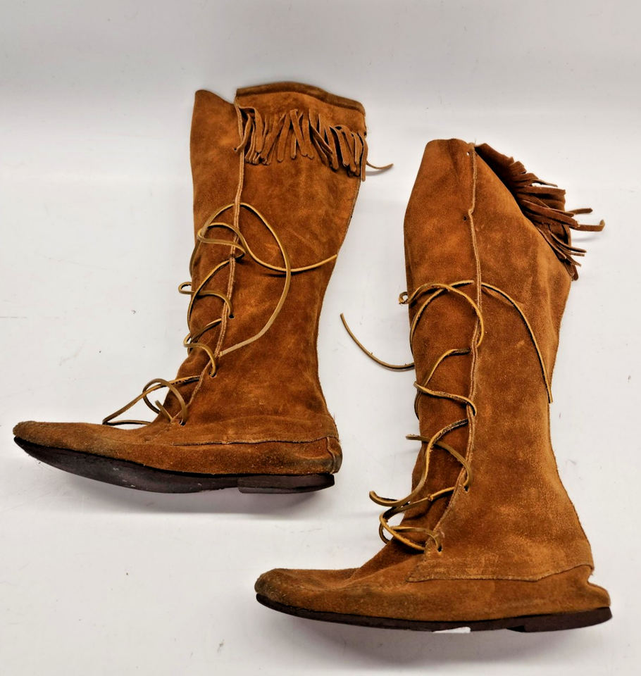 MINNETONKA Boho Hippie Knee Hi Lace Up Fringe Suede Moccasin Boots Size ...