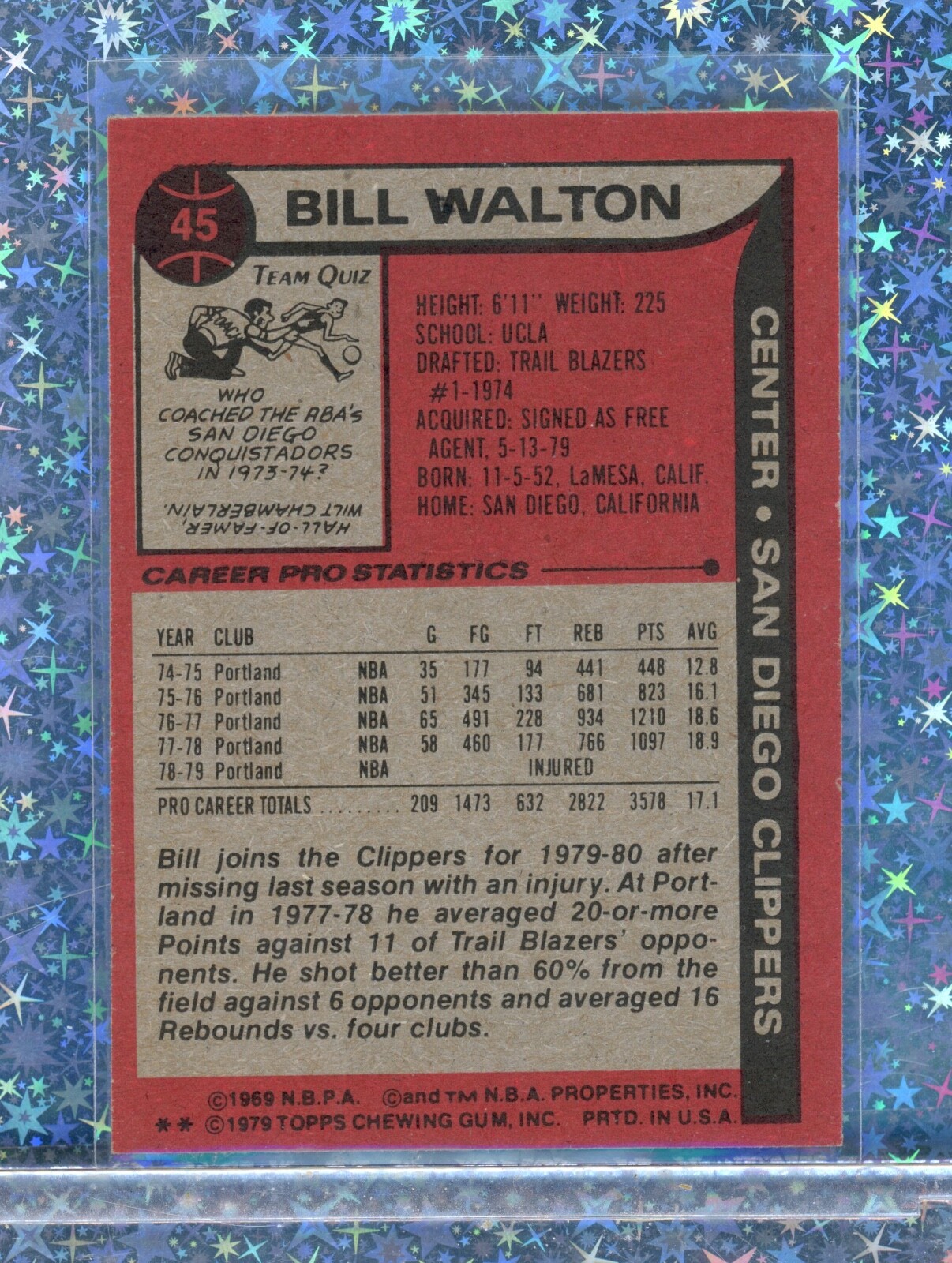 🏀 1979-80 Topps #45 Bill Walton San Diego Clippers Great Shot LOOKY ...