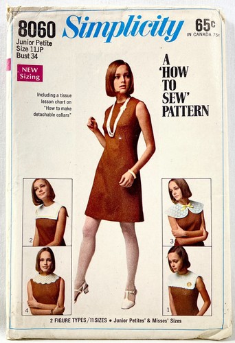 1968 Simplicity Sewing Pattern 8060 Womens Dress Detachable Collars ...
