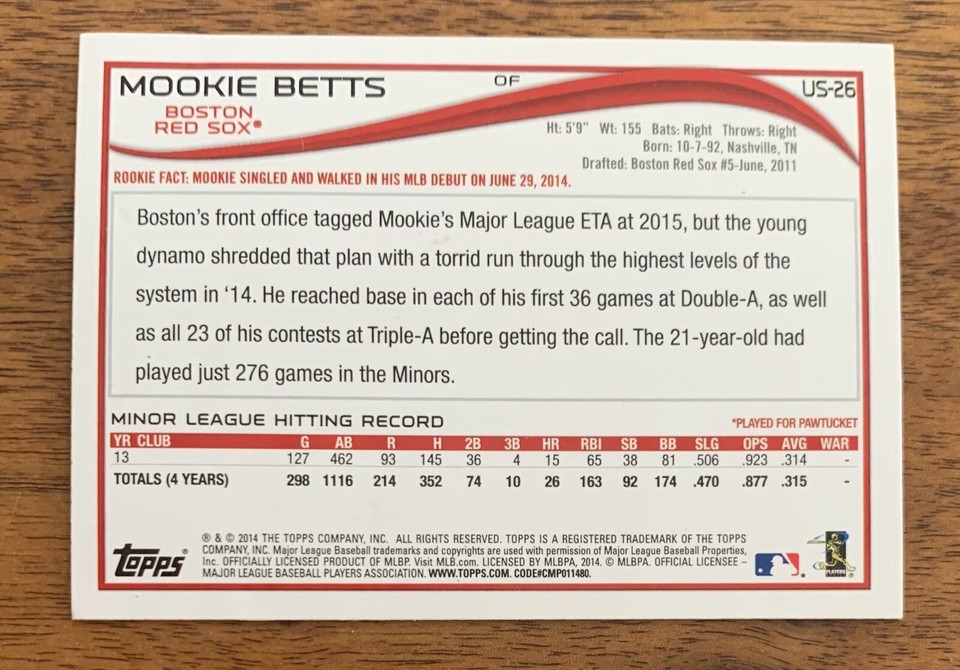 2014 Topps Update Red Hot Foil #US26 Mookie Betts RC Rookie Red Sox ...