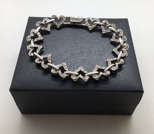 Chain Link Heart Bracelet Silver Tone Clear Rhinestones Valentine/Love ...