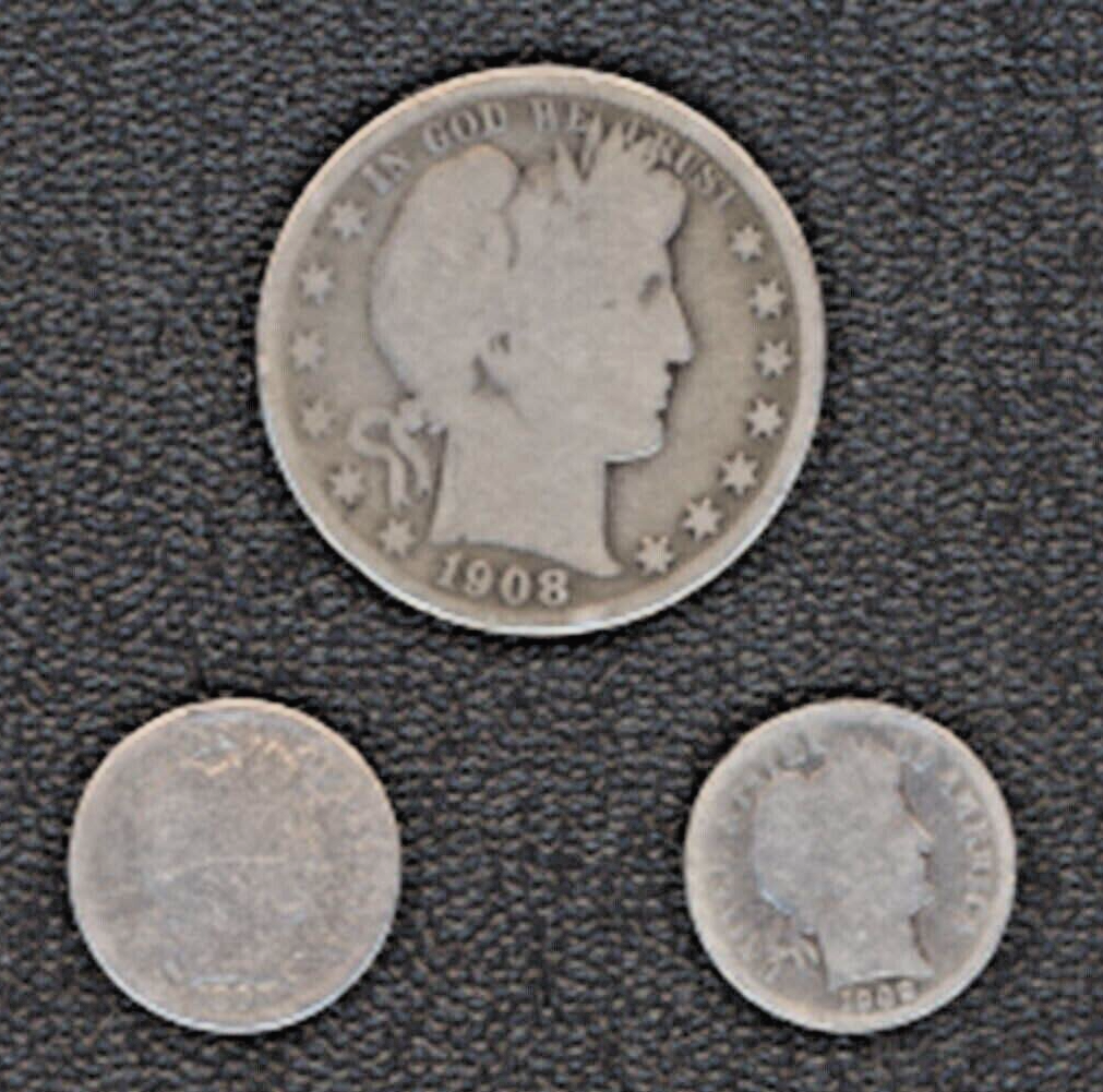BARBER COINS 1908D 1/2 DOLLAR, 1908 DIME, & 1898 DIME 90% SILVER (SCRAP ...