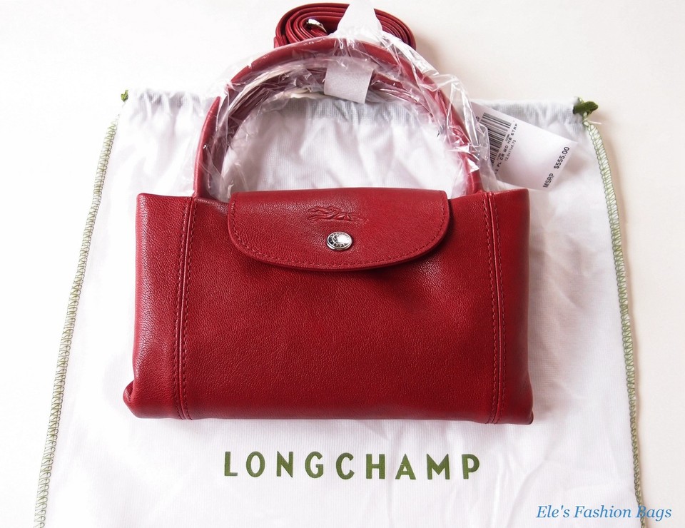 NWT Longchamp Le Pliage Cuir Medium Leather Crossbody Satchel Bag RED ...
