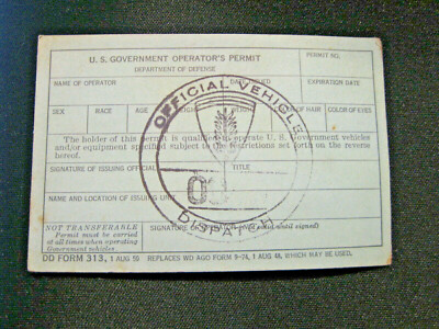 BLANK 1950'S U S ARMY / GOVERNMENT OPERATOR'S PERMIT / DRIVERS LICENSE ...