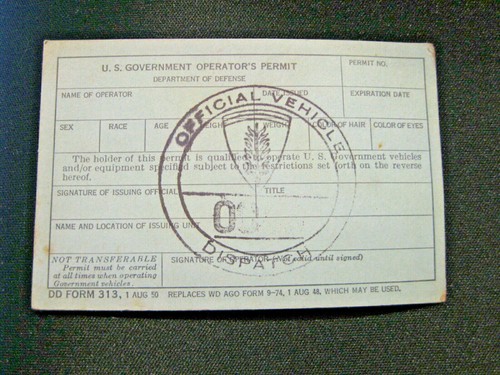 BLANK 1950'S U S ARMY / GOVERNMENT OPERATOR'S PERMIT / DRIVERS LICENSE ...